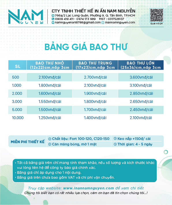 Bao Thư Tiêu Chuẩn 12×22In Ấn Nam Nguyễn